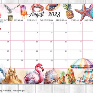 EDITABLE August Calendar Summer at the Beach Cute Sun and - Etsy
