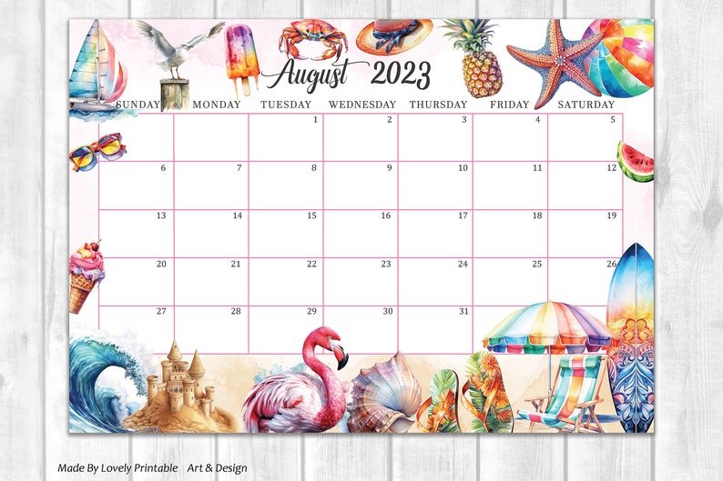 EDITABLE August Calendar Summer at the Beach Cute Sun and - Etsy