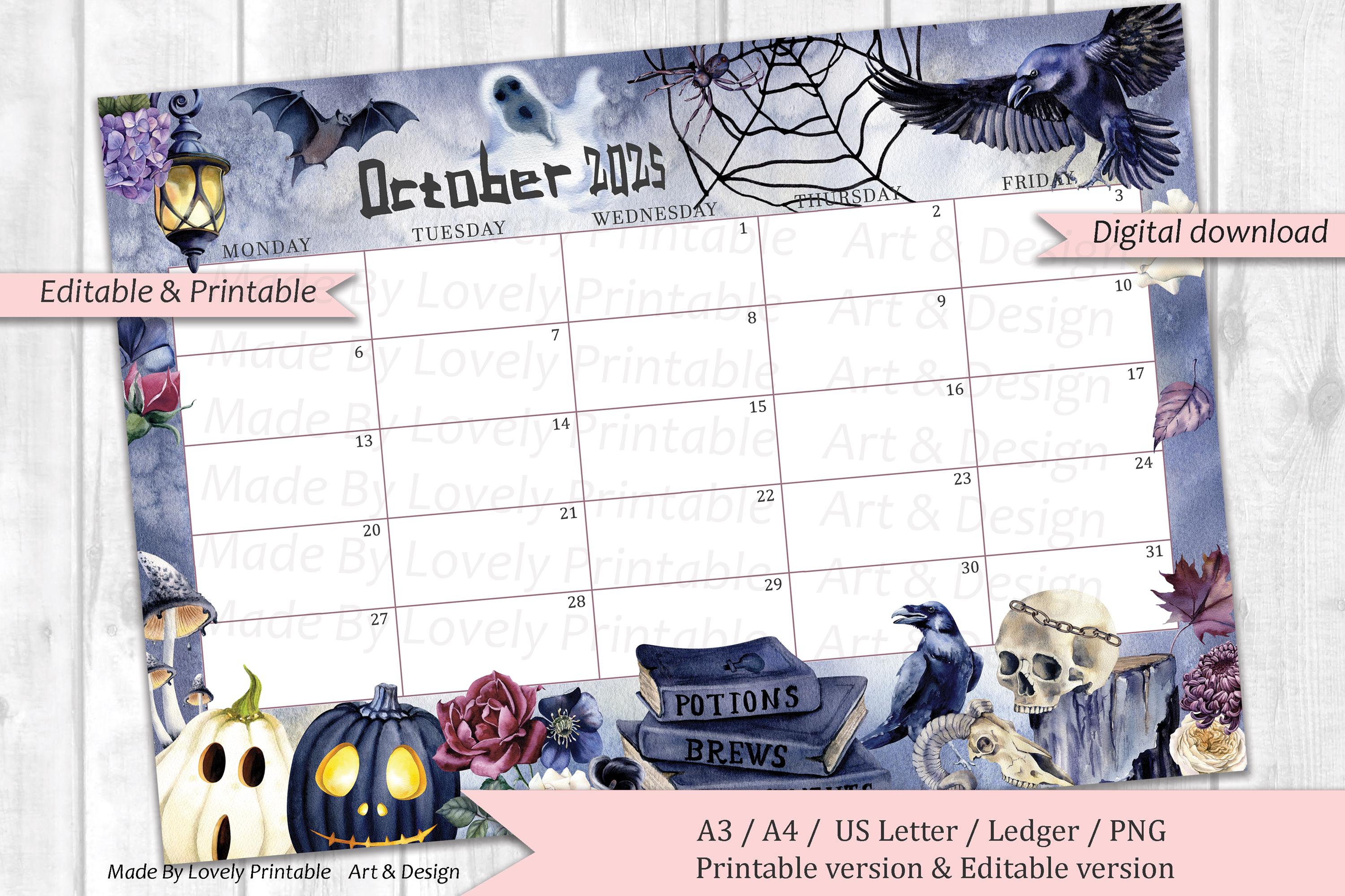 EDITABLE October 2025 Calendar, Happy Spooky Halloween Planner, (mon ...