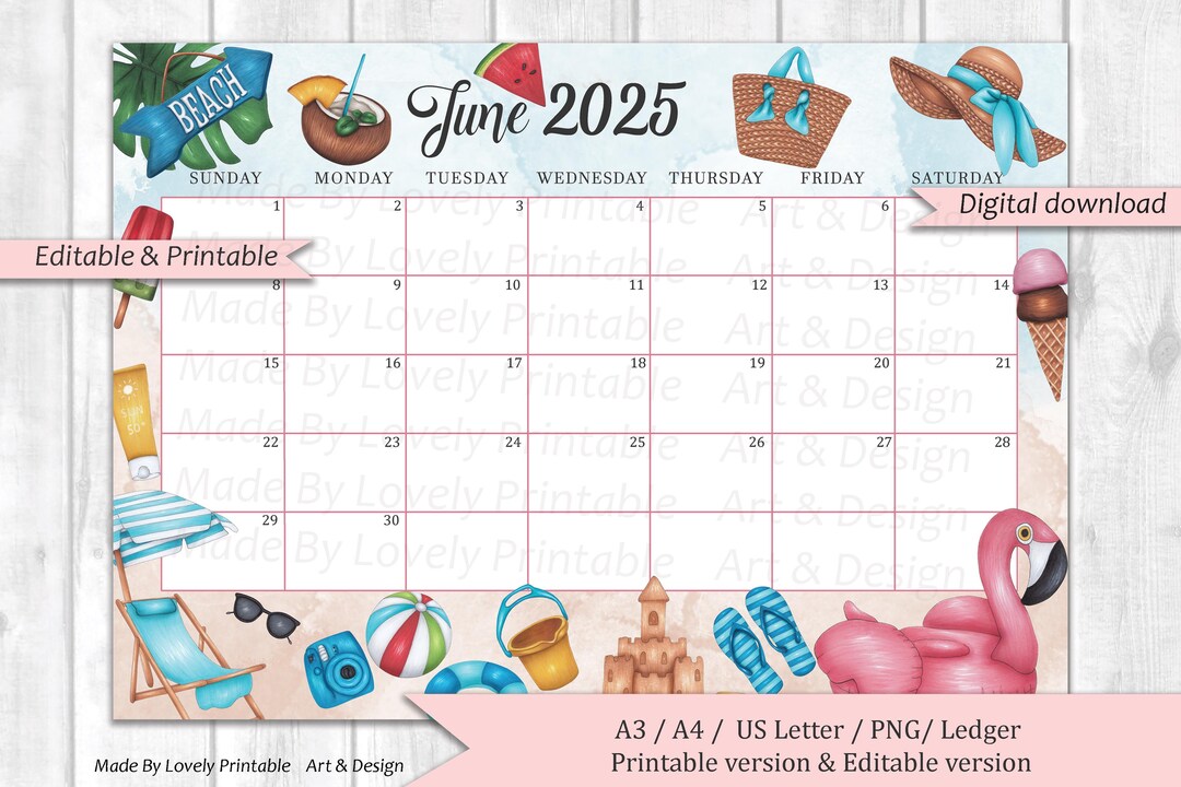 EDITABLE June Calendar, Summer at the Beach With Cute Sun and Fresh ...