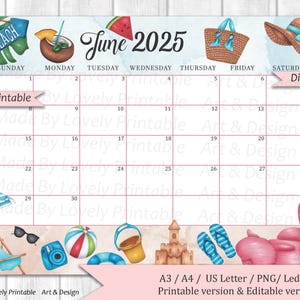 EDITABLE June Calendar, Summer at the Beach With Cute Sun and Fresh ...