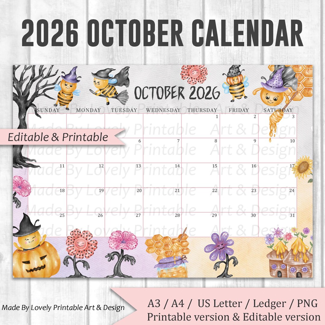 EDITABLE October 2026 Calendar, Happy Halloween With Cute Bees ...