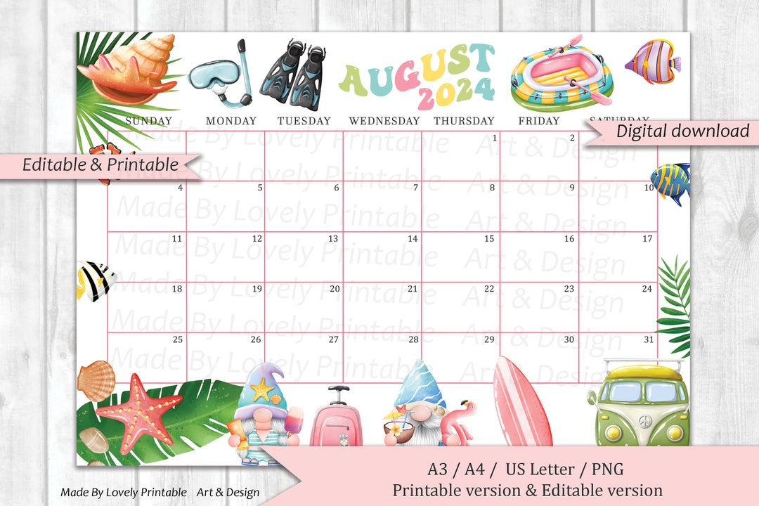 EDITABLE August Calendar, Hello Summer With Cute Gnome, Colorful Summer ...