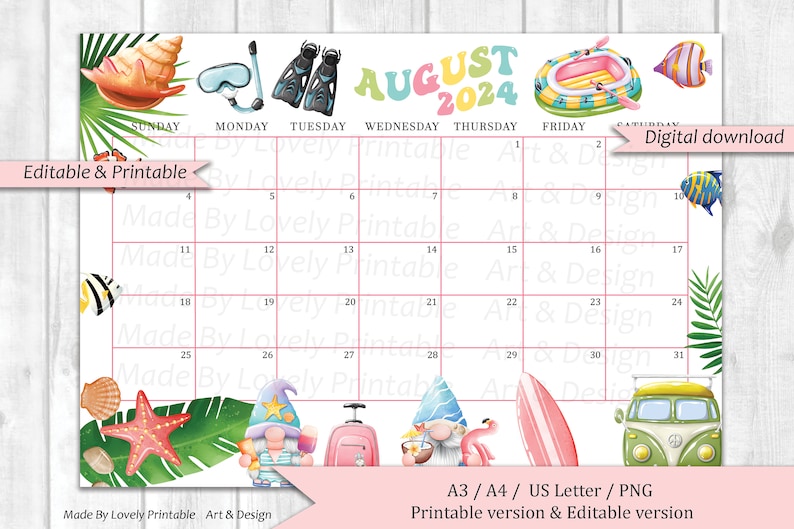 EDITABLE August Calendar, Hello Summer With Cute Gnome, Colorful Summer ...
