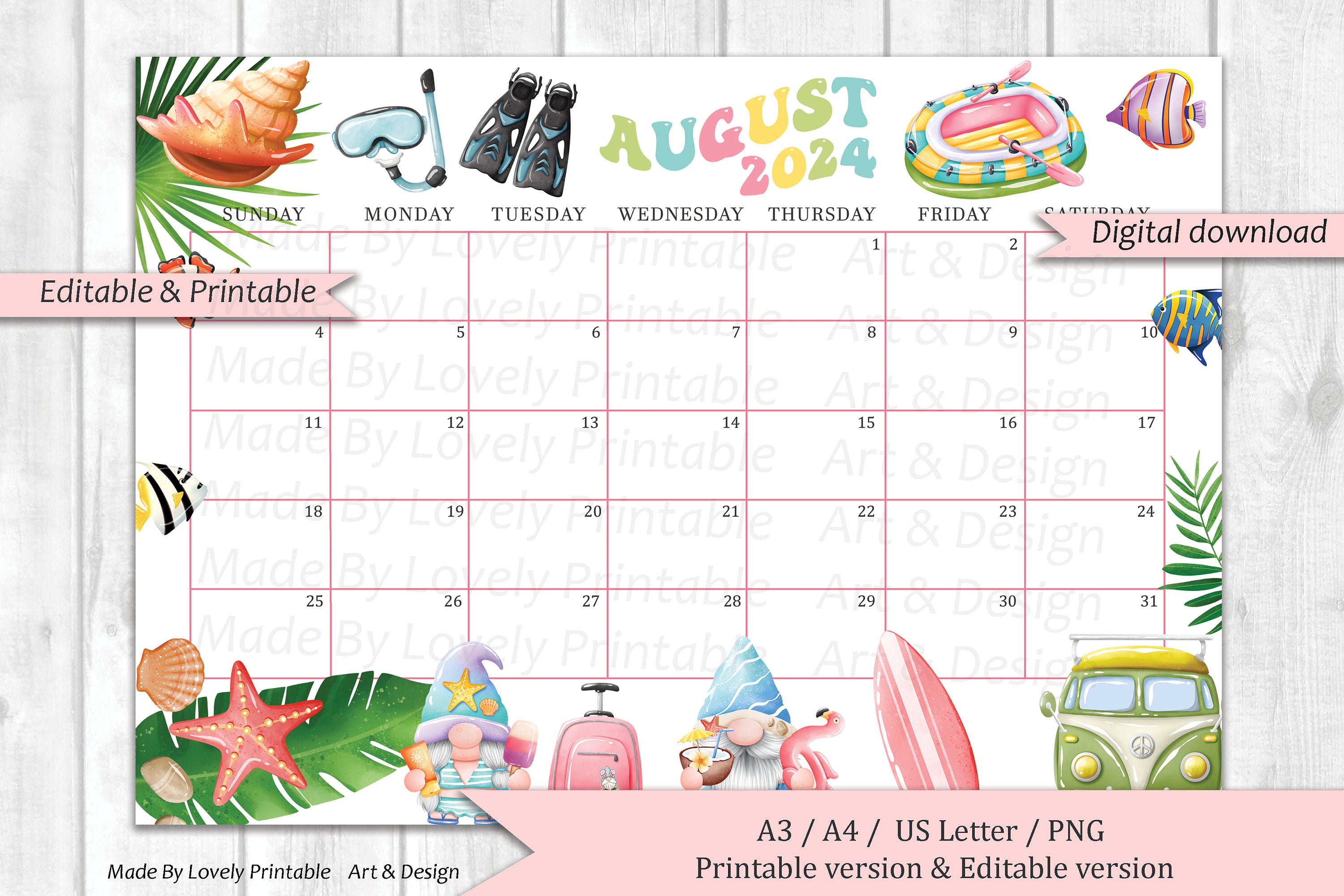EDITABLE August Calendar, Hello Summer With Cute Gnome, Colorful Summer ...