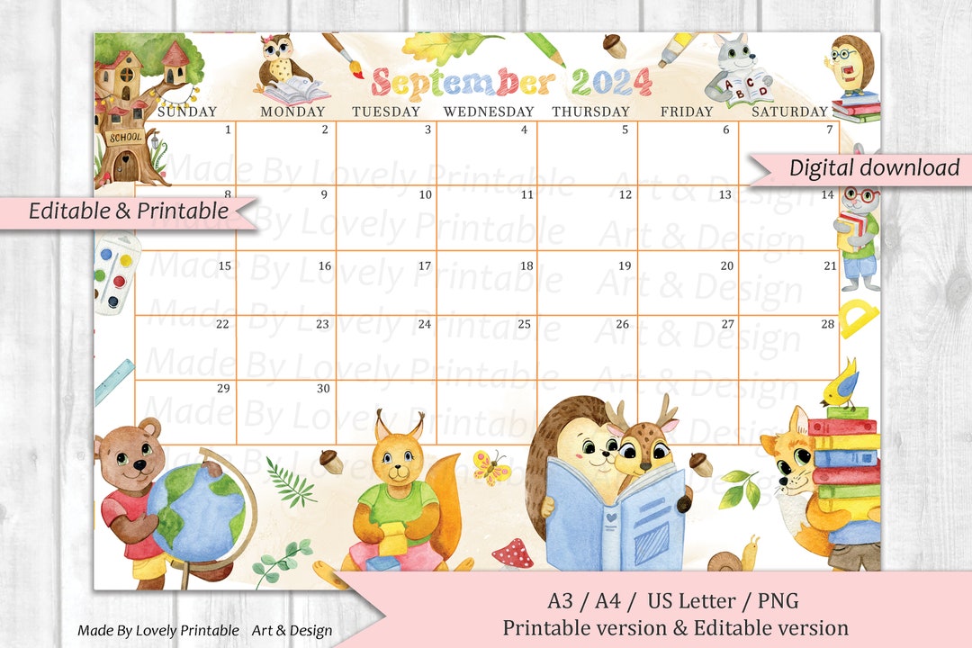 EDITABLE September 2024 Calendar, Cute Animal Back to School, Calendar ...