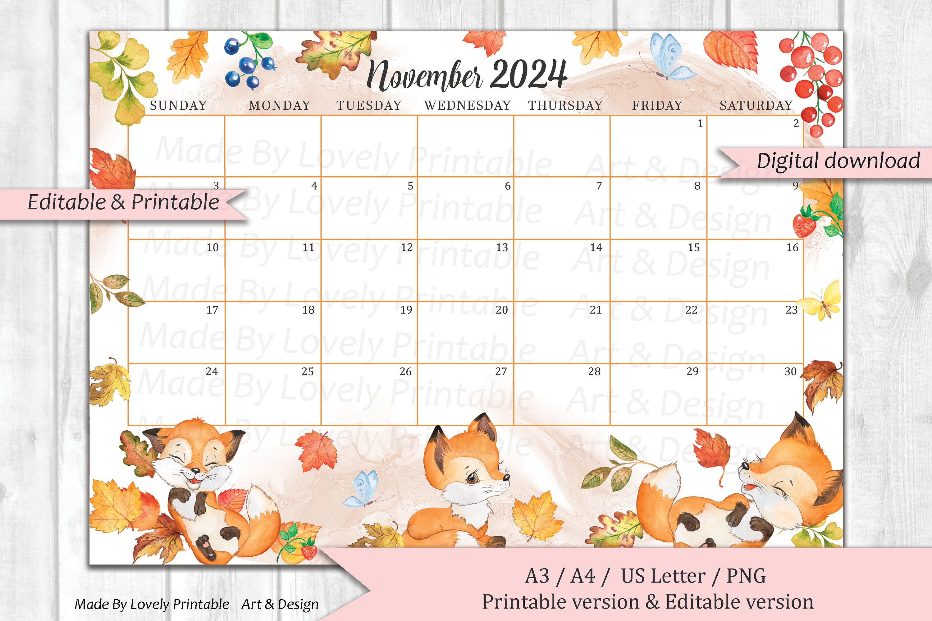 EDITABLE November 2024 Calendar, Cute Watercolor Fox, Forest Animal ...