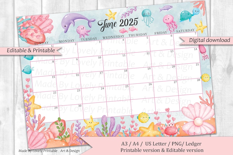 EDITABLE June Calendar, Summer Beach, Joyful & Colorful Summer at the ...