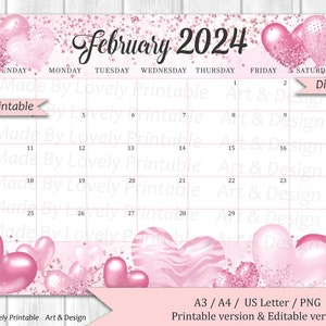 EDITABLE February 2024 Calendar, Happy Valentine With Lovely Heart ...