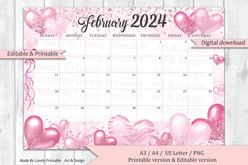 EDITABLE February 2024 Calendar, Happy Valentine With Lovely Heart ...