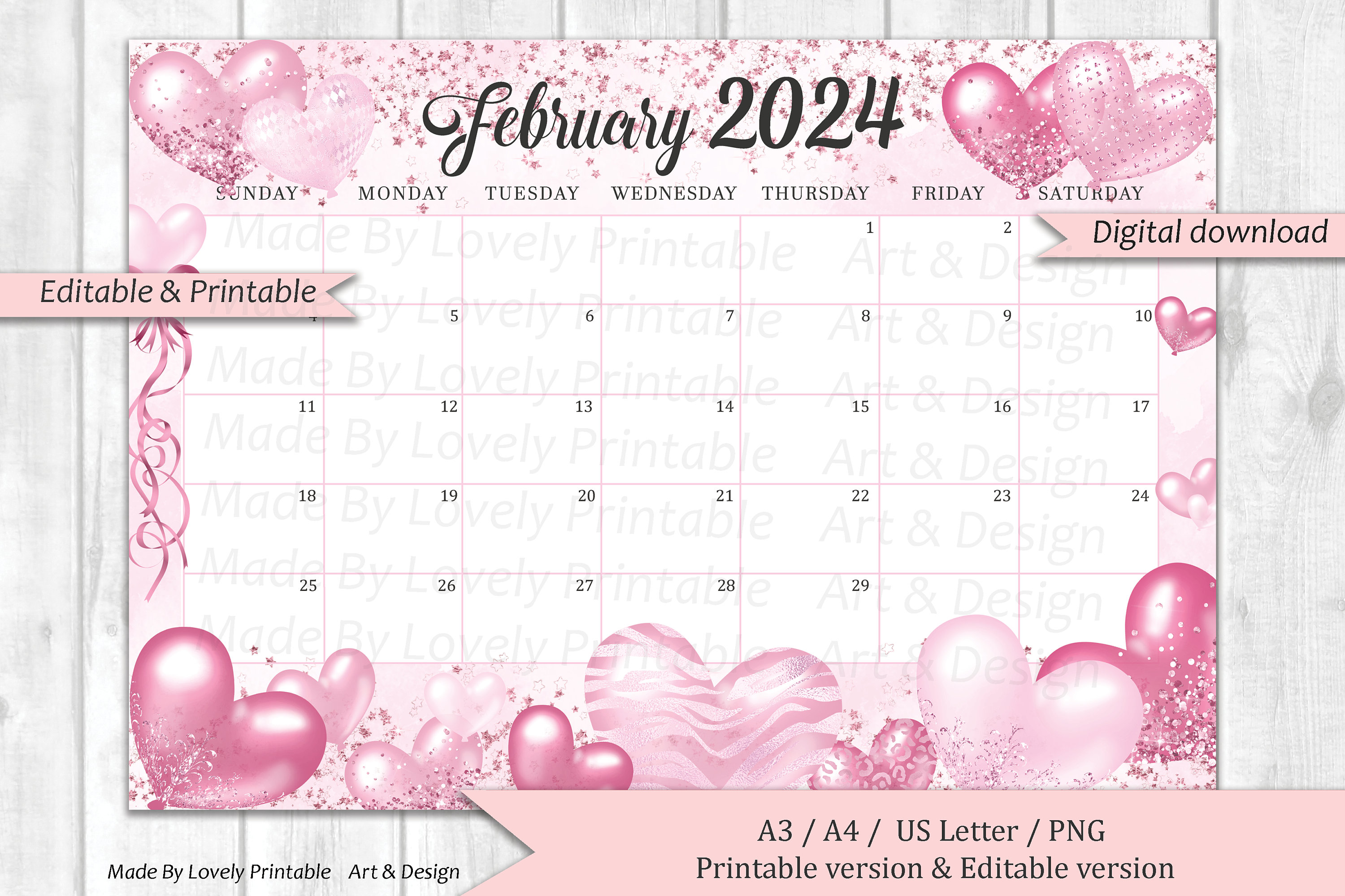 EDITABLE February 2024 Calendar, Happy Valentine With Lovely Heart ...