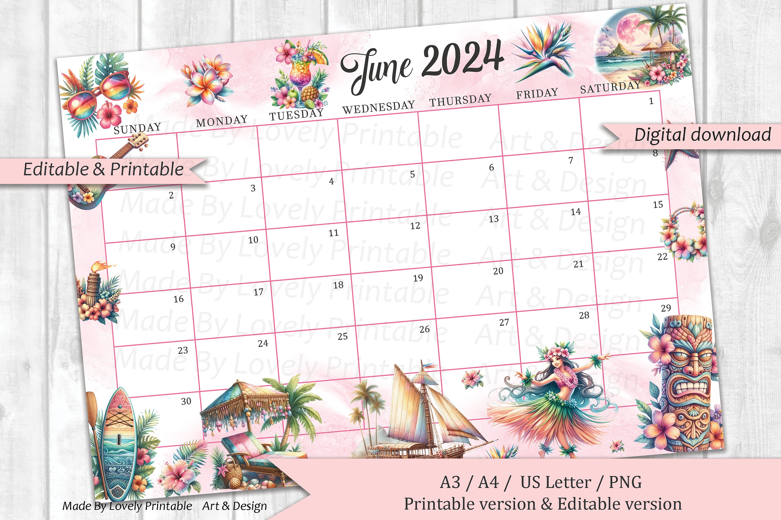 EDITABLE June Calendar, Tropical Summer Beach, Joyful & Colorful Summer ...