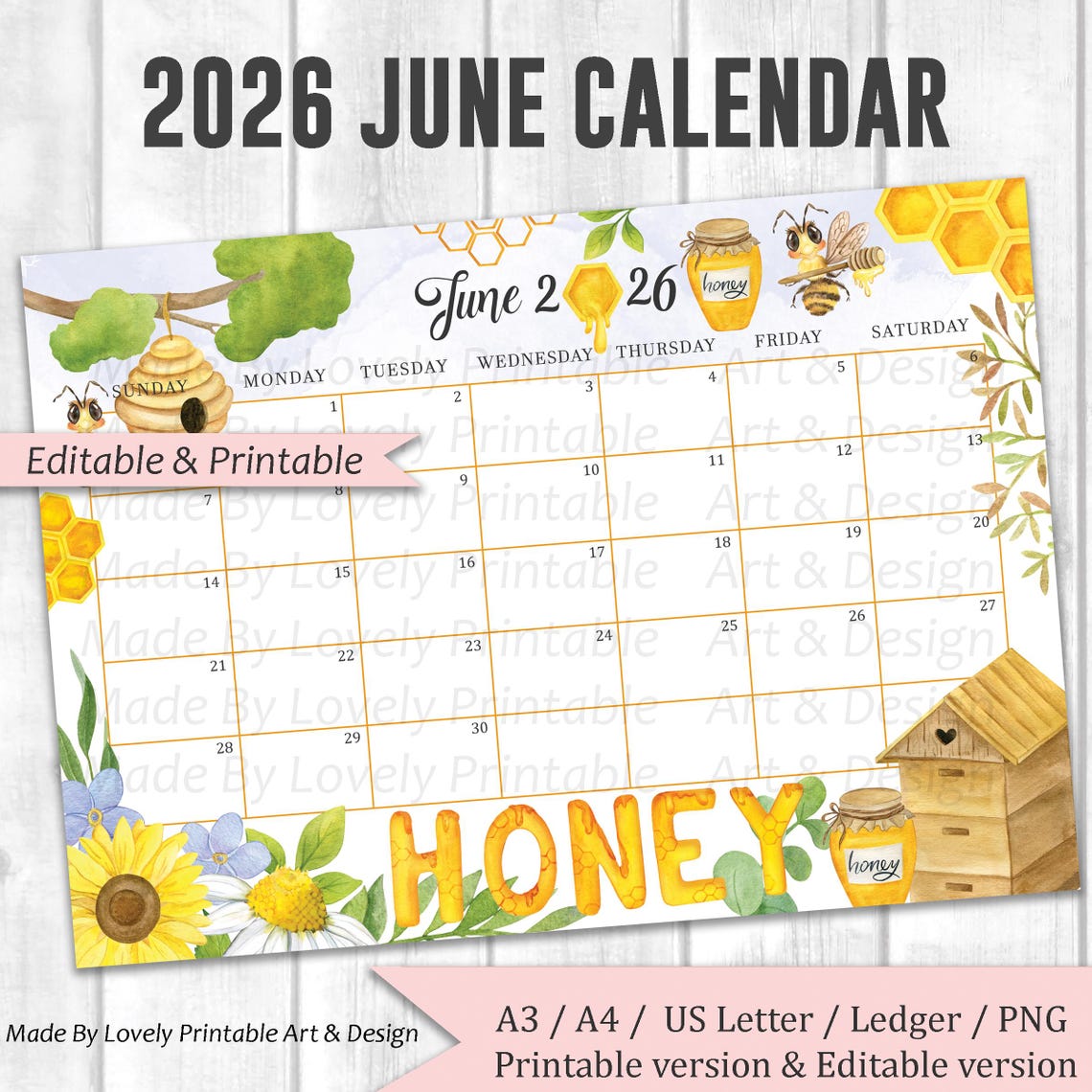 EDITABLE June Calendar, Printable Cute Bee and Honey Planner, Printable ...