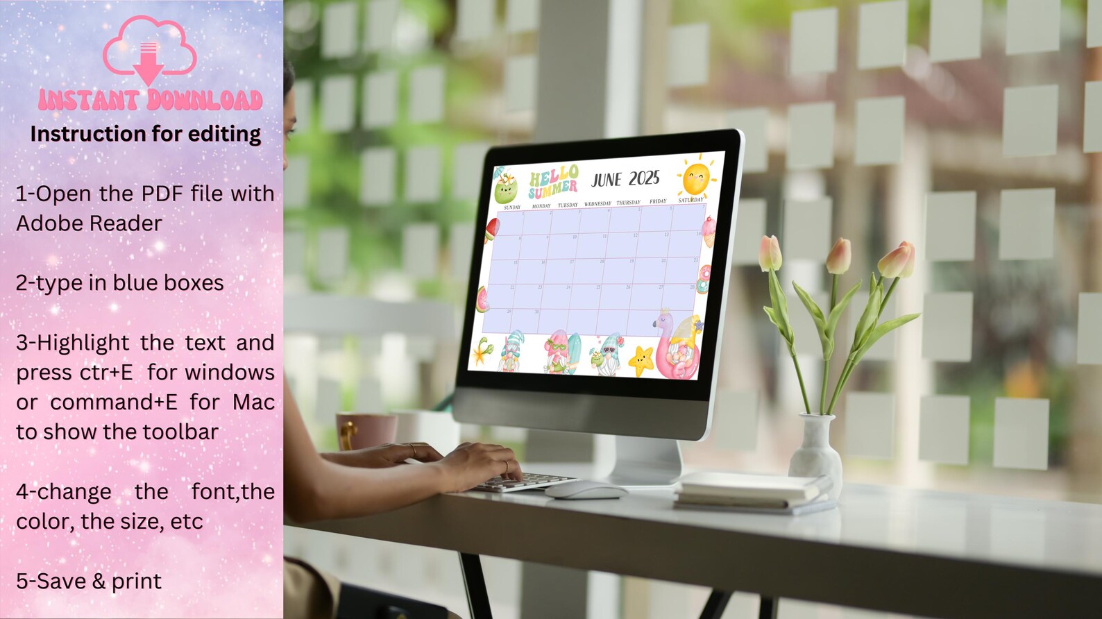 EDITABLE June Calendar, Happy Summer Vibe, Tropical Fruit & Ice Cream ...
