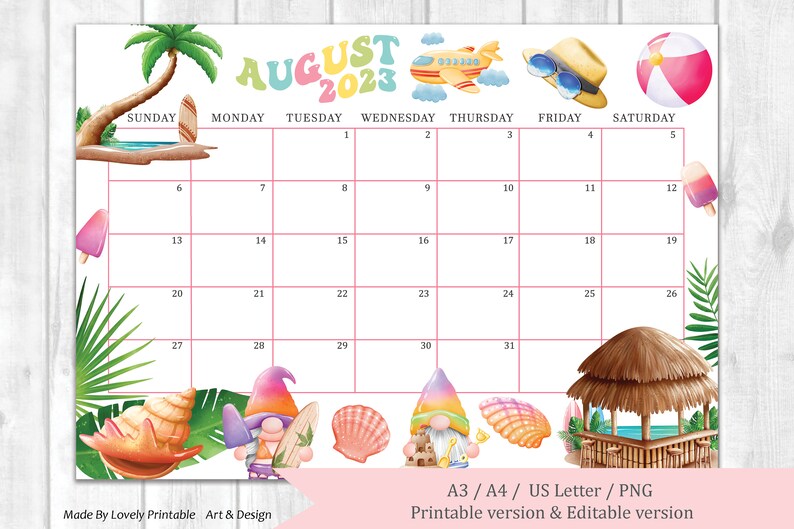 EDITABLE August Calendar Hello Summer With Cute Gnome - Etsy
