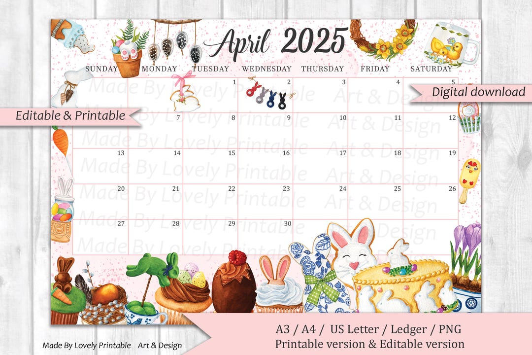 EDITABLE April 2025 Calendar, Happy Easter Day With Cute Bunnies ...