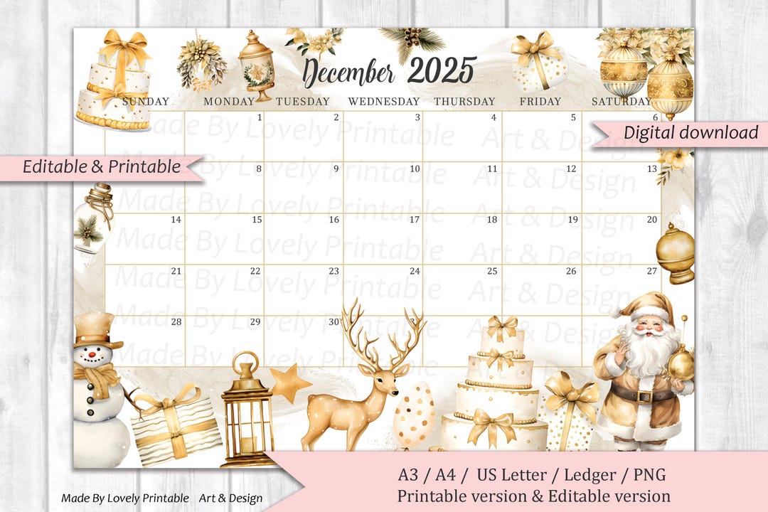 EDITABLE December 2025 Calendar, Gold Merry Christmas, Printable ...