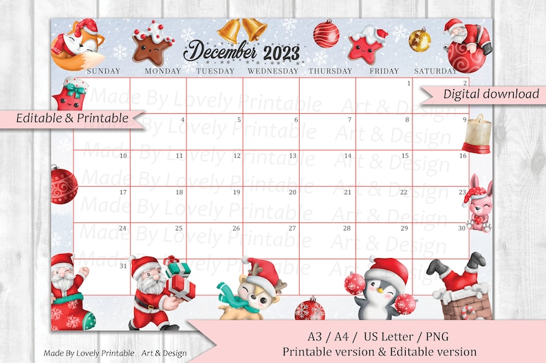 EDITABLE December Calendar Funny Christmas Santa & Deer and - Etsy