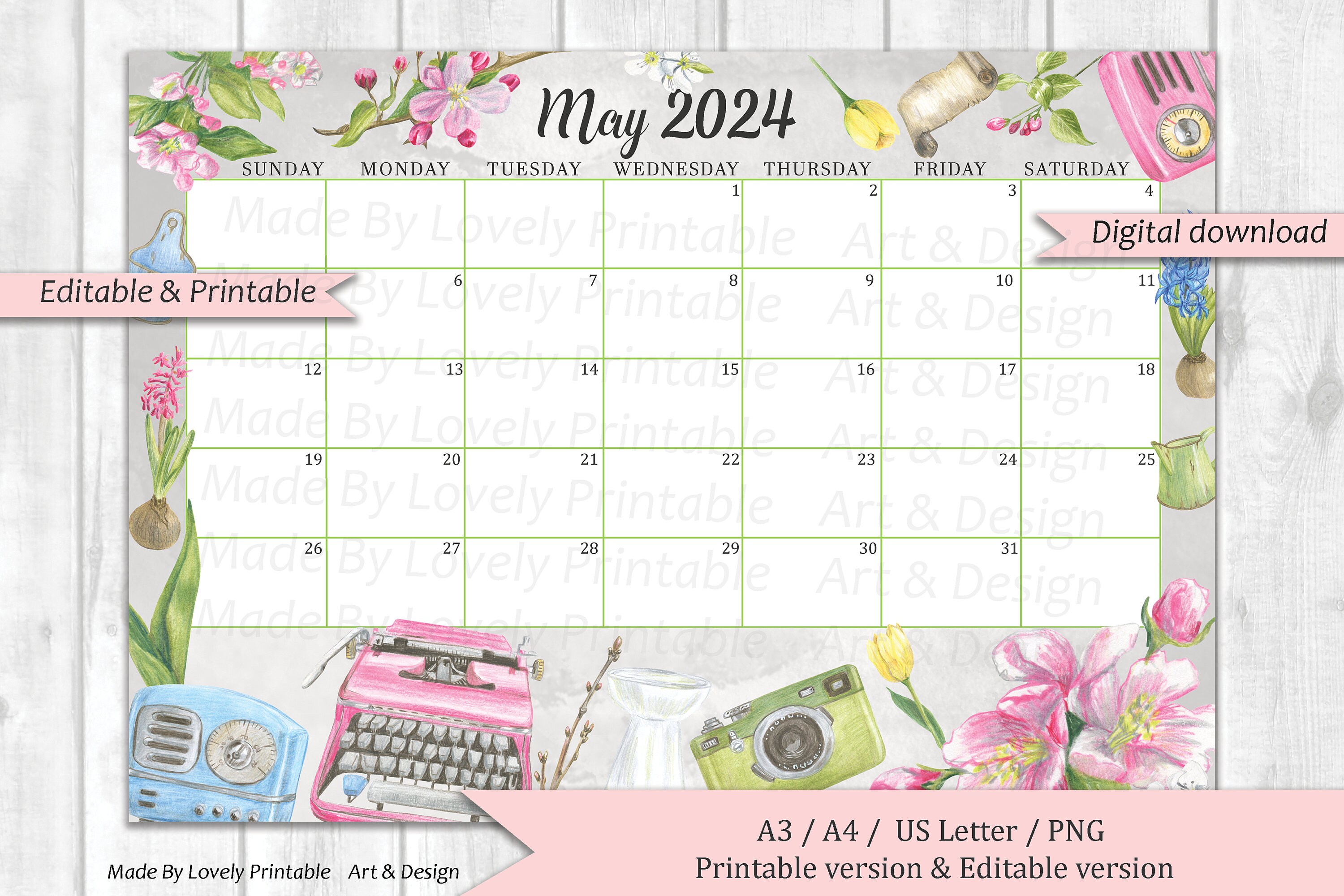 EDITABLE May 2024 Calendar, Watercolor Vintage Spring, Garden Scenery ...