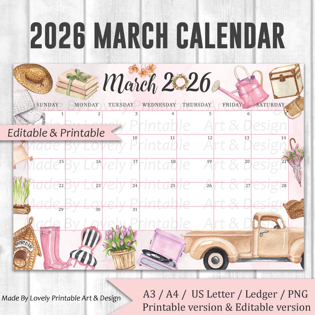 EDITABLE March 2026 Calendar, Watercolor Spring Decor, Garden Scenery ...