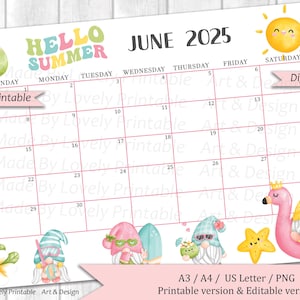 EDITABLE June Calendar, Hello Summer With Cute Gnome, Colorful Summer ...