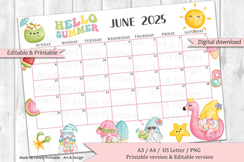 EDITABLE June Calendar, Hello Summer With Cute Gnome, Colorful Summer ...