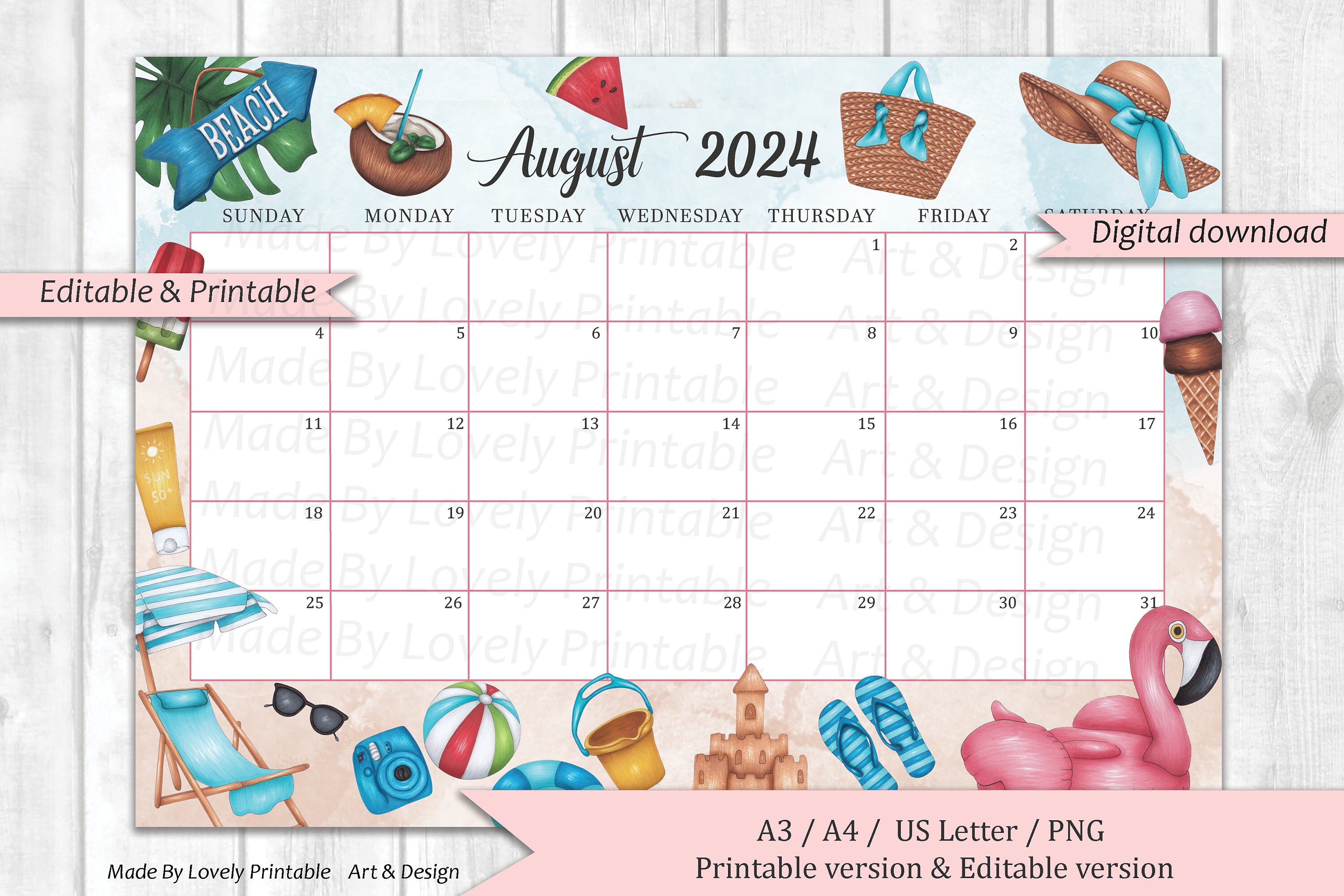 EDITABLE August Calendar, Summer at the Beach With Cute Sun and Fresh ...