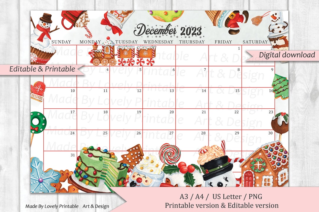 Calendario EDITABLE Diciembre 2023 Dulces y bebidas - Etsy España