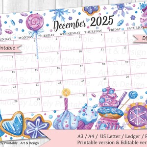 EDITABLE December 2025 Calendar, Christmas Sweets & Drinks, Printable ...