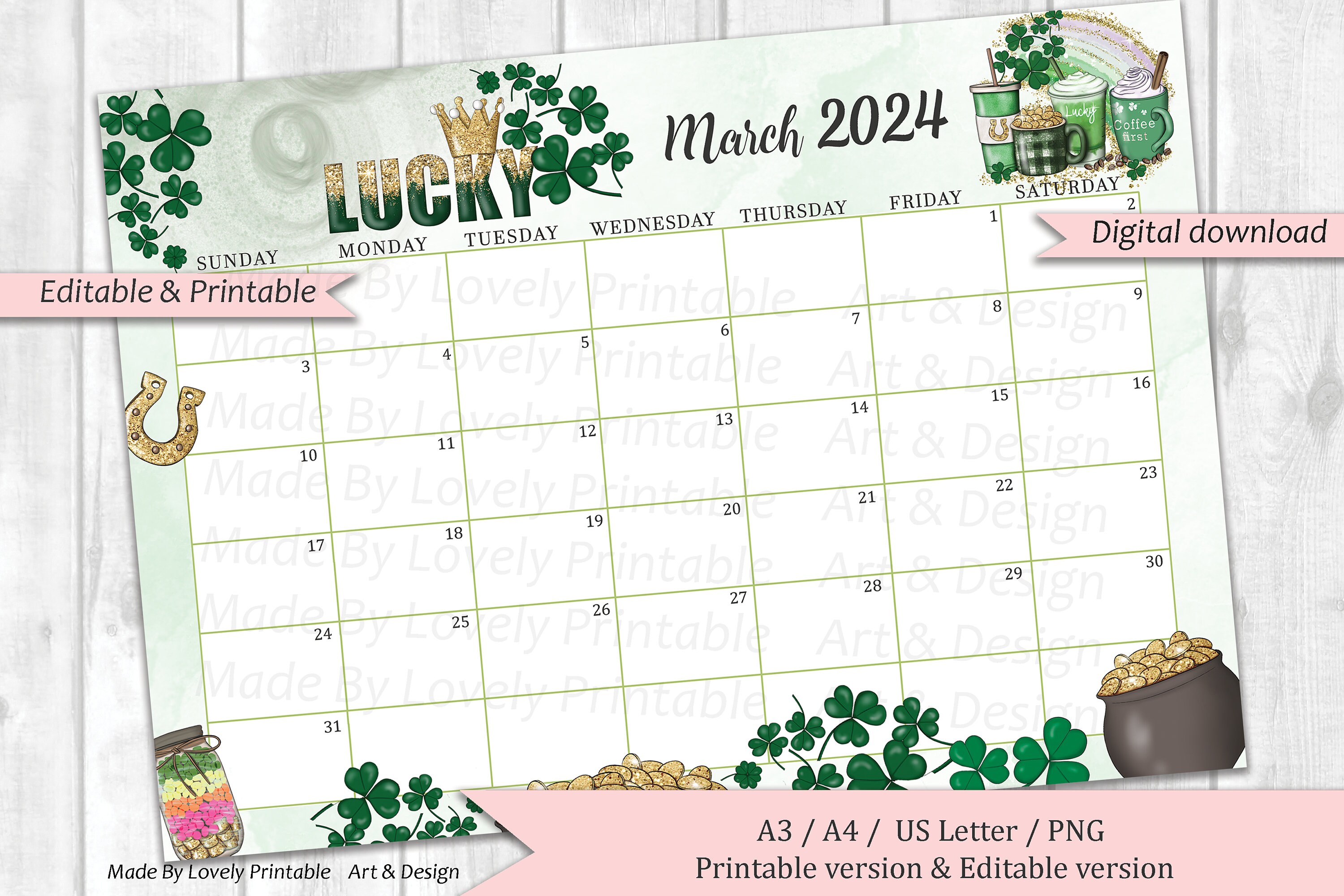 EDITABLE March 2024 Calendar, Happy St. Patrick's Day Planner ...