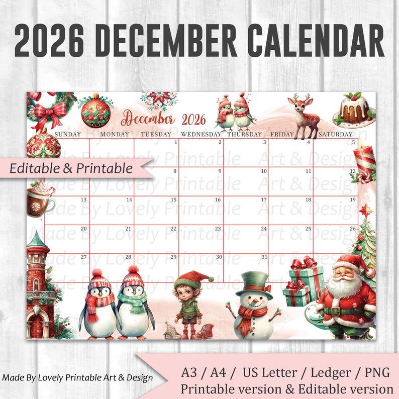 Calendario de diciembre de 2026 editable, Feliz Navidad, Calendario ...