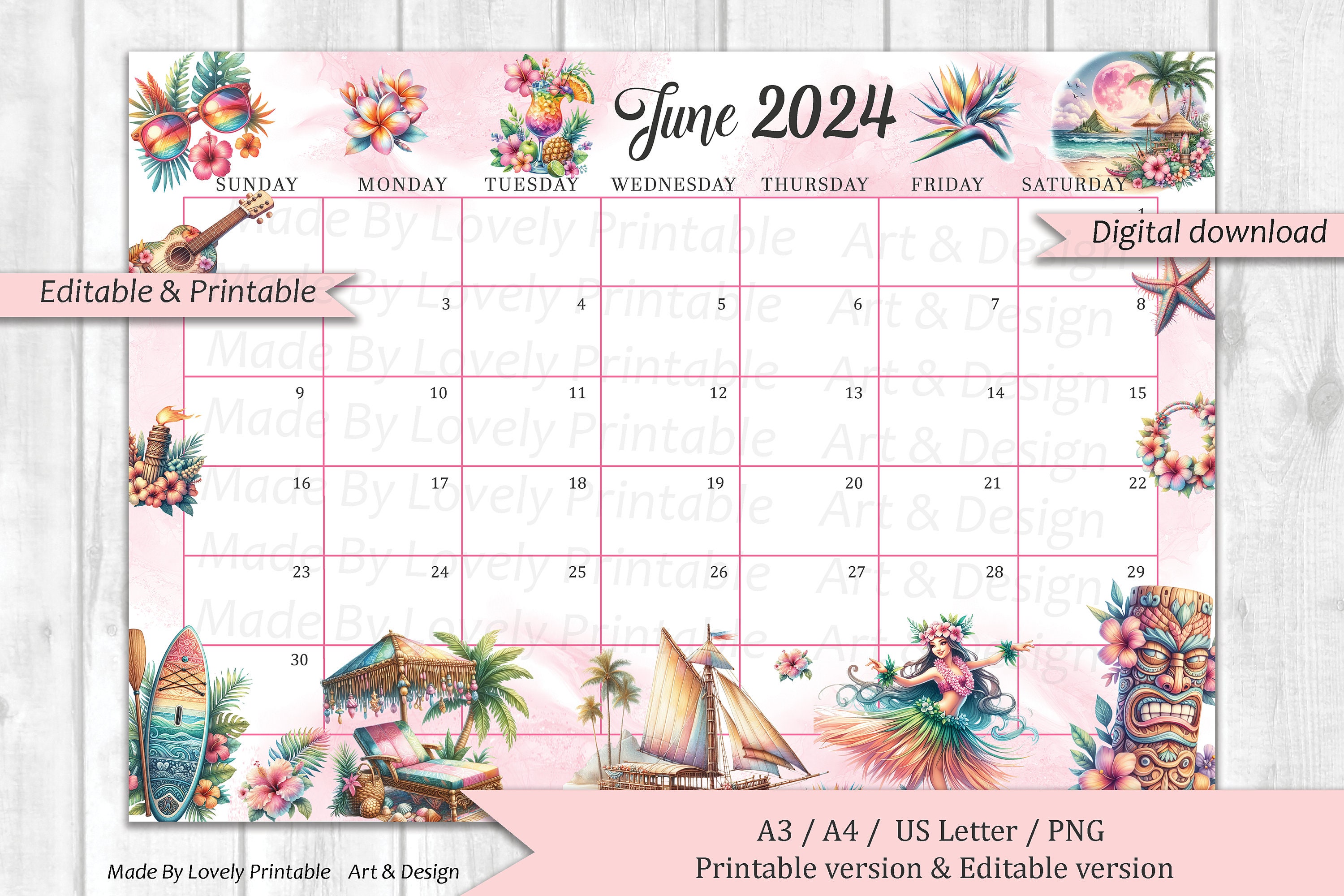 EDITABLE June Calendar, Tropical Summer Beach, Joyful & Colorful Summer ...