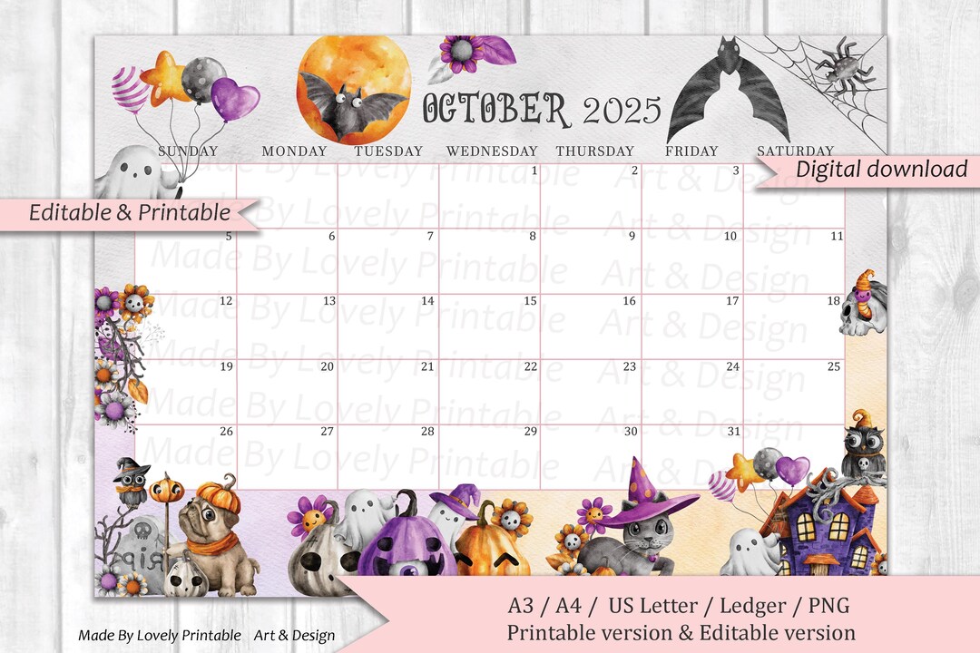 EDITABLE October 2025 Calendar, Happy Spooky Halloween Planner ...