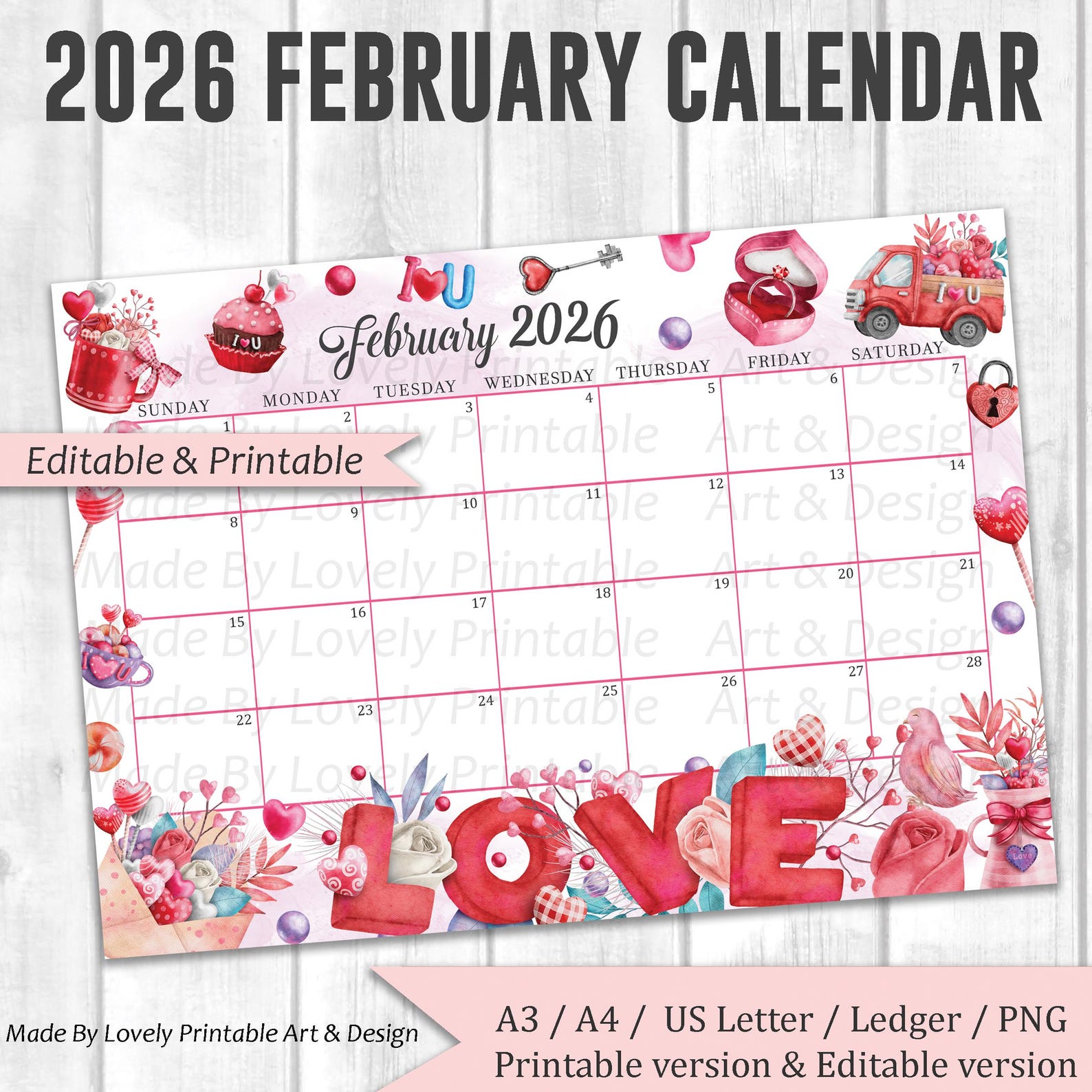EDITABLE February 2026 Calendar, Happy Valentine With Love Gnomes ...