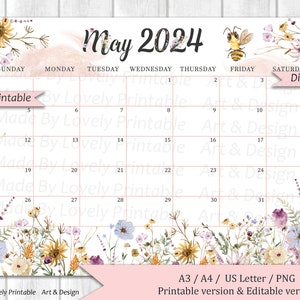 EDITABLE MAY 2024 Calendar, Watercolor Spring Flowers, Garden Scenery ...