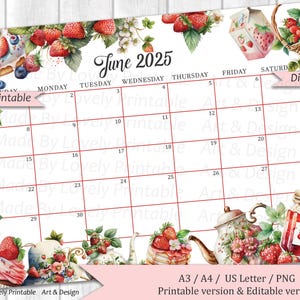 EDITABLE June 2025 Calendar, Delicious Strawberries, Beautiful Colorful ...
