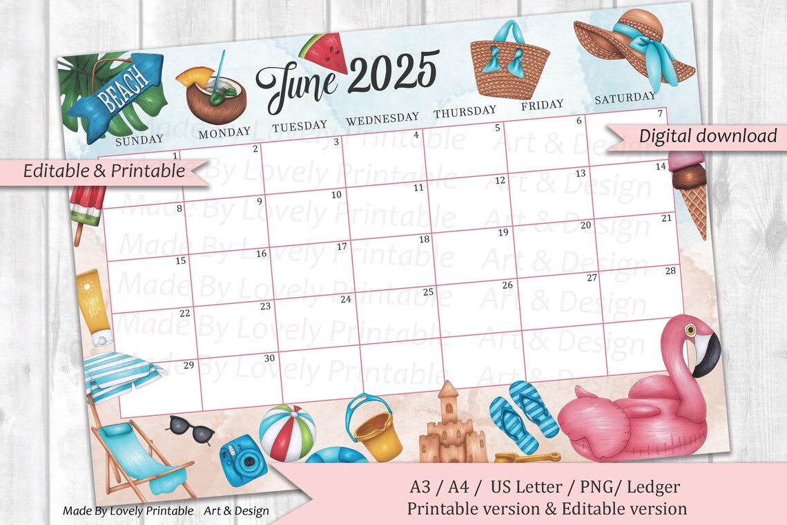 EDITABLE June Calendar, Summer at the Beach With Cute Sun and Fresh ...