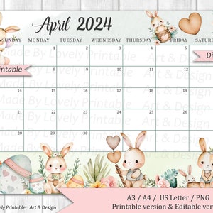 EDITABLE April 2024 Calendar, Monthly Planner, Happy Easter Day, Cute ...