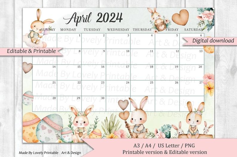 EDITABLE April 2024 Calendar, Monthly Planner, Happy Easter Day, Cute ...
