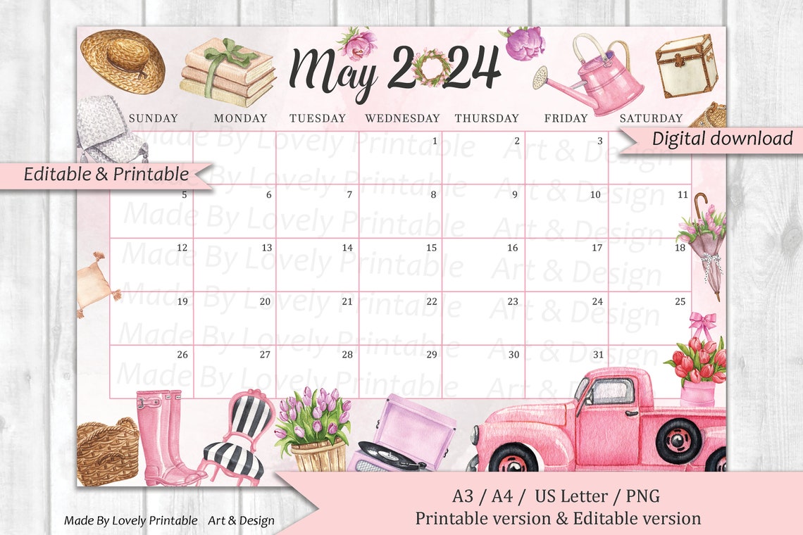EDITABLE May 2024 Calendar, Watercolor Spring Decor, Garden Scenery ...