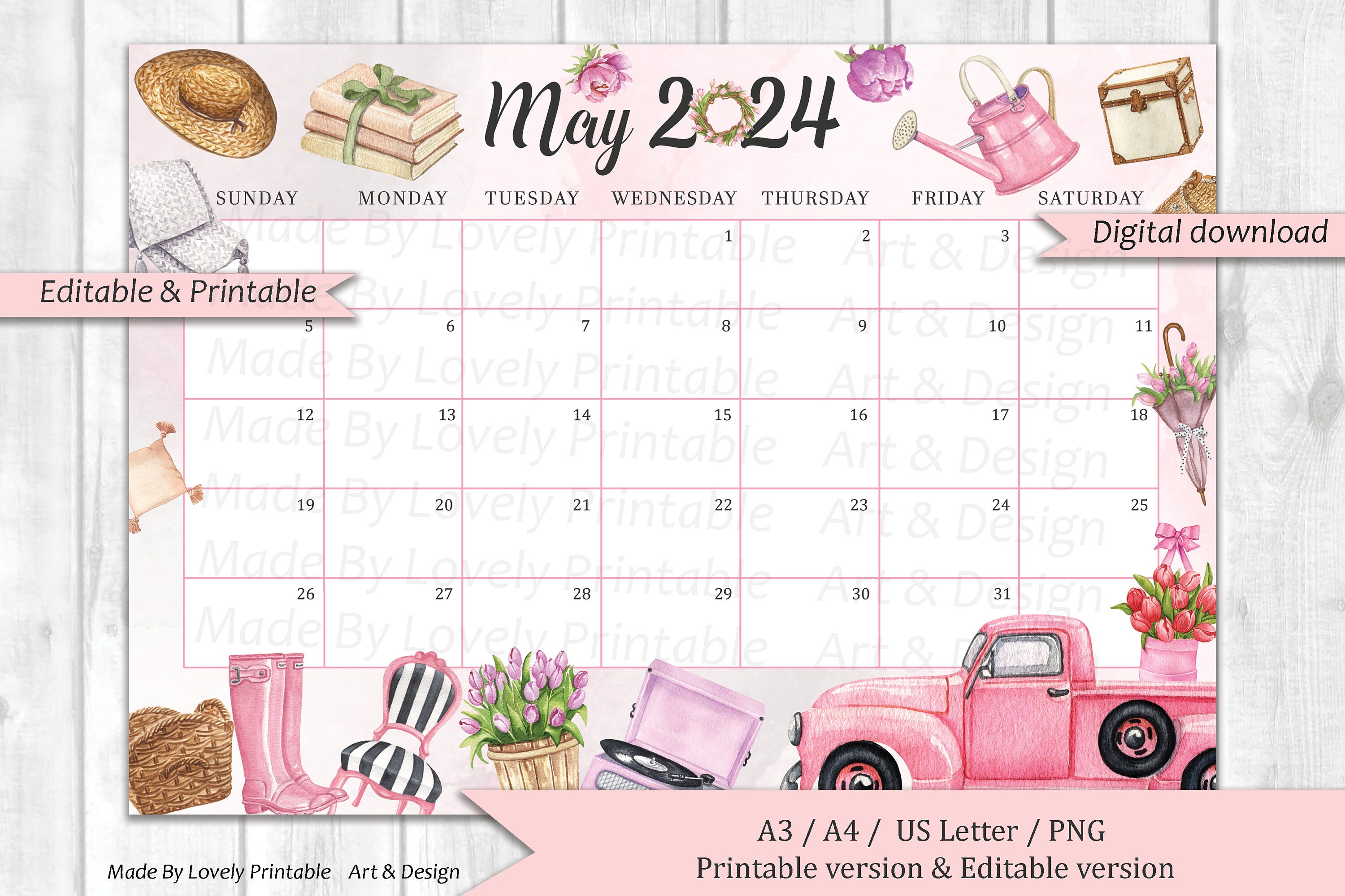 EDITABLE May 2024 Calendar, Watercolor Spring Decor, Garden Scenery ...