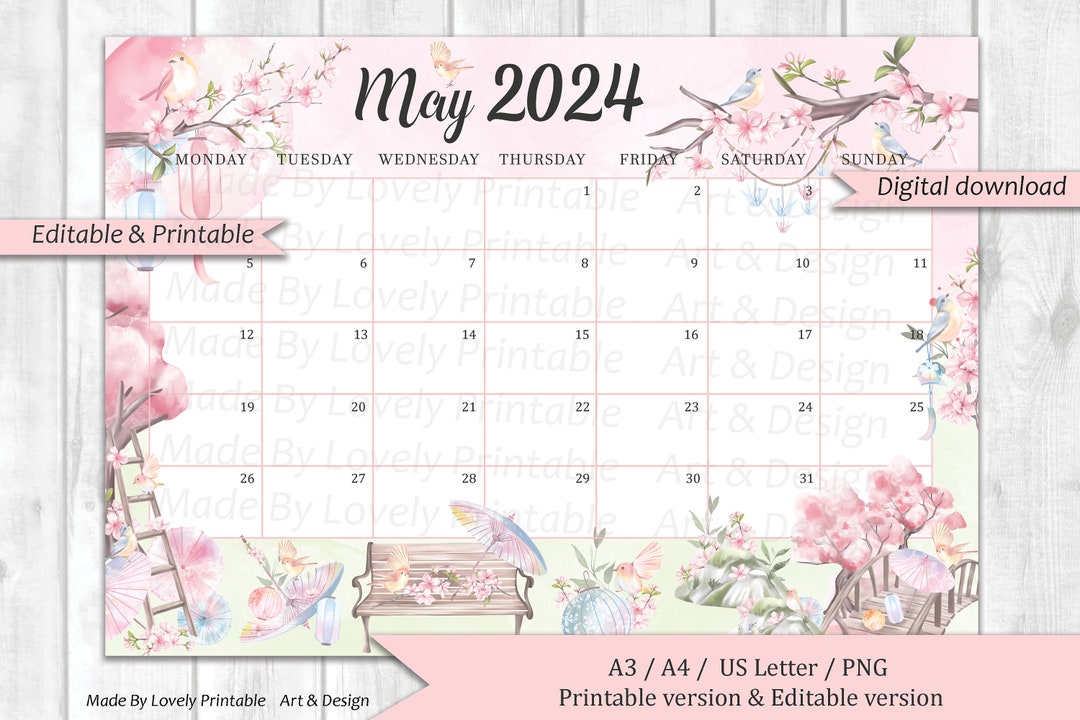 EDITABLE May 2024 Calendar, Happy Spring in Japanese Style, Mother's ...