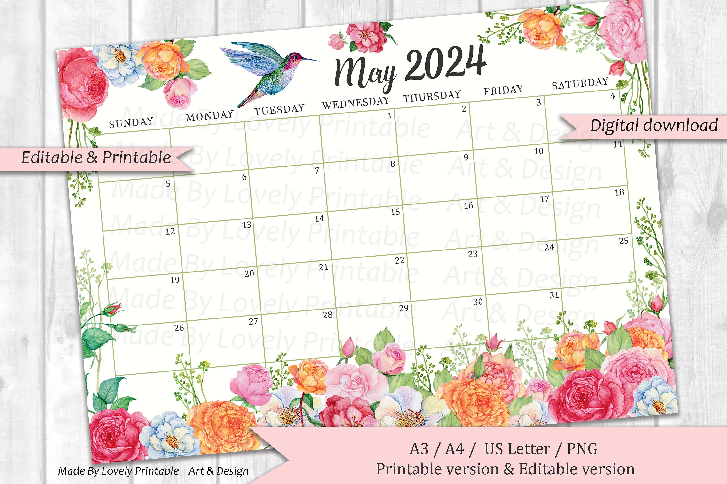 EDITABLE May 2024 Calendar, Watercolor Spring Flowers, Garden Scenery ...