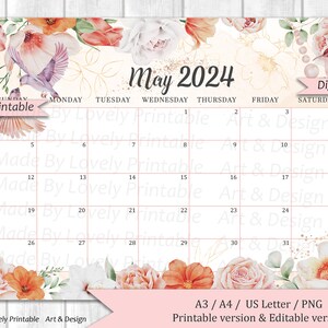 EDITABLE May 2024 Calendar, English Garden, Spring Vibe, Monthly ...