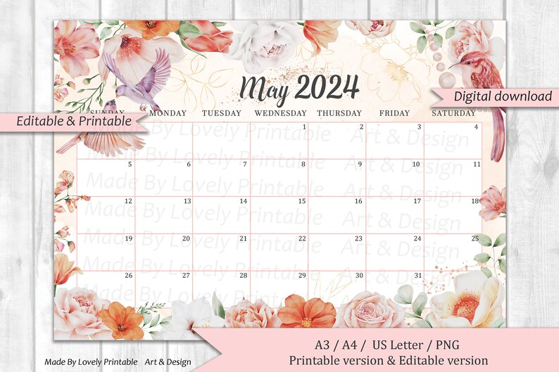 EDITABLE May 2024 Calendar, English Garden, Spring Vibe, Monthly ...