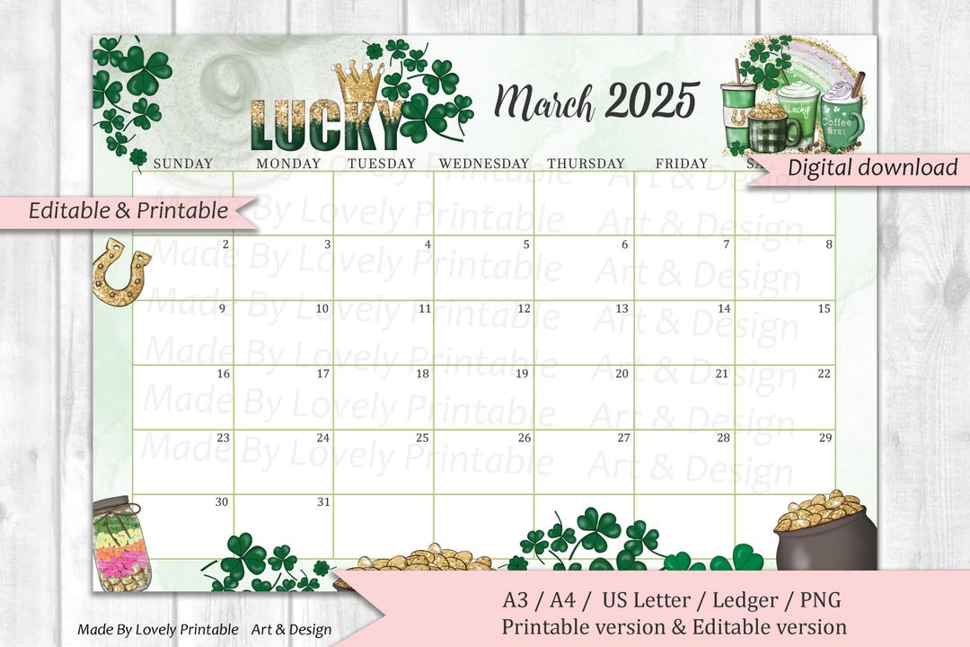 EDITABLE March 2025 Calendar, Happy St. Patrick's Day Planner ...