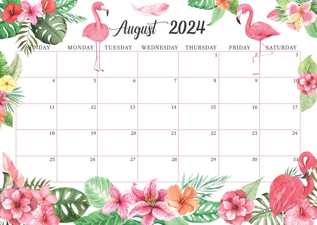 Calendario de agosto EDITABLE, ambiente de verano feliz, flores ...