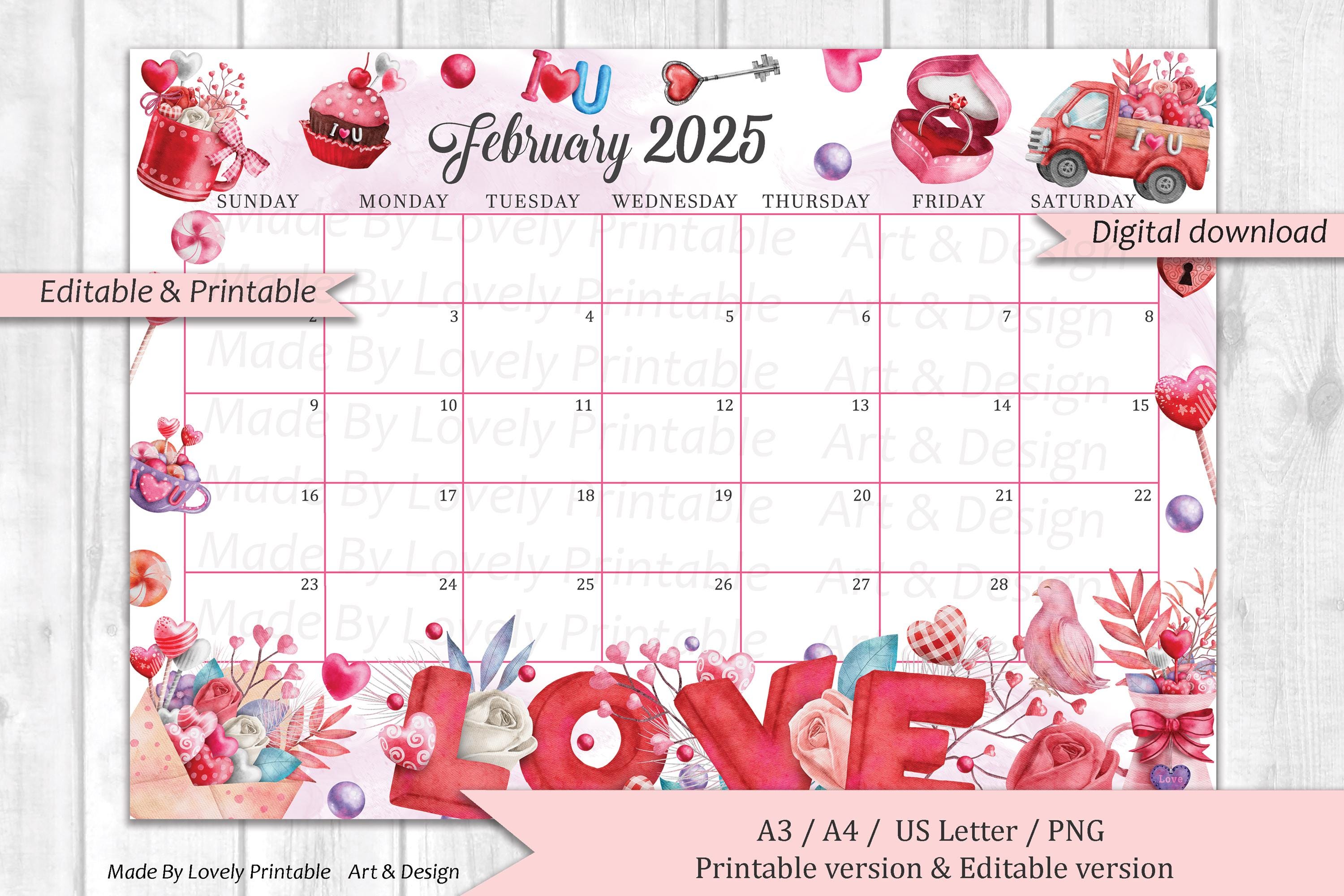EDITABLE February 2025 Calendar, Happy Valentine With Love Gnomes ...