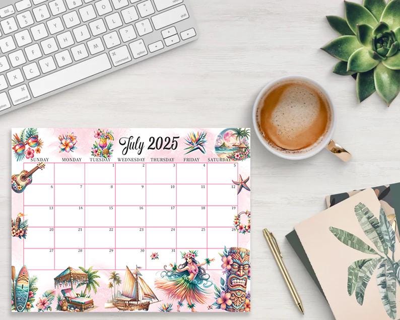 EDITABLE July Calendar, Tropical Summer Beach, Joyful & Colorful Summer ...