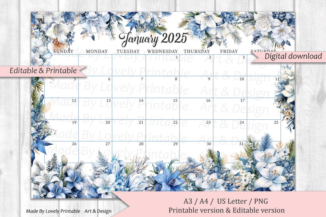 Editable January 2024 Calendar, Beautiful Winter Flowers, New Year 2024 ...